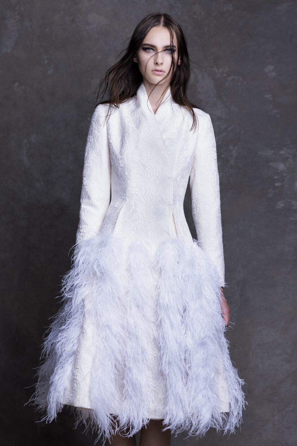 IRFE White Ostrich Feathers Brocade Coat - IRFE