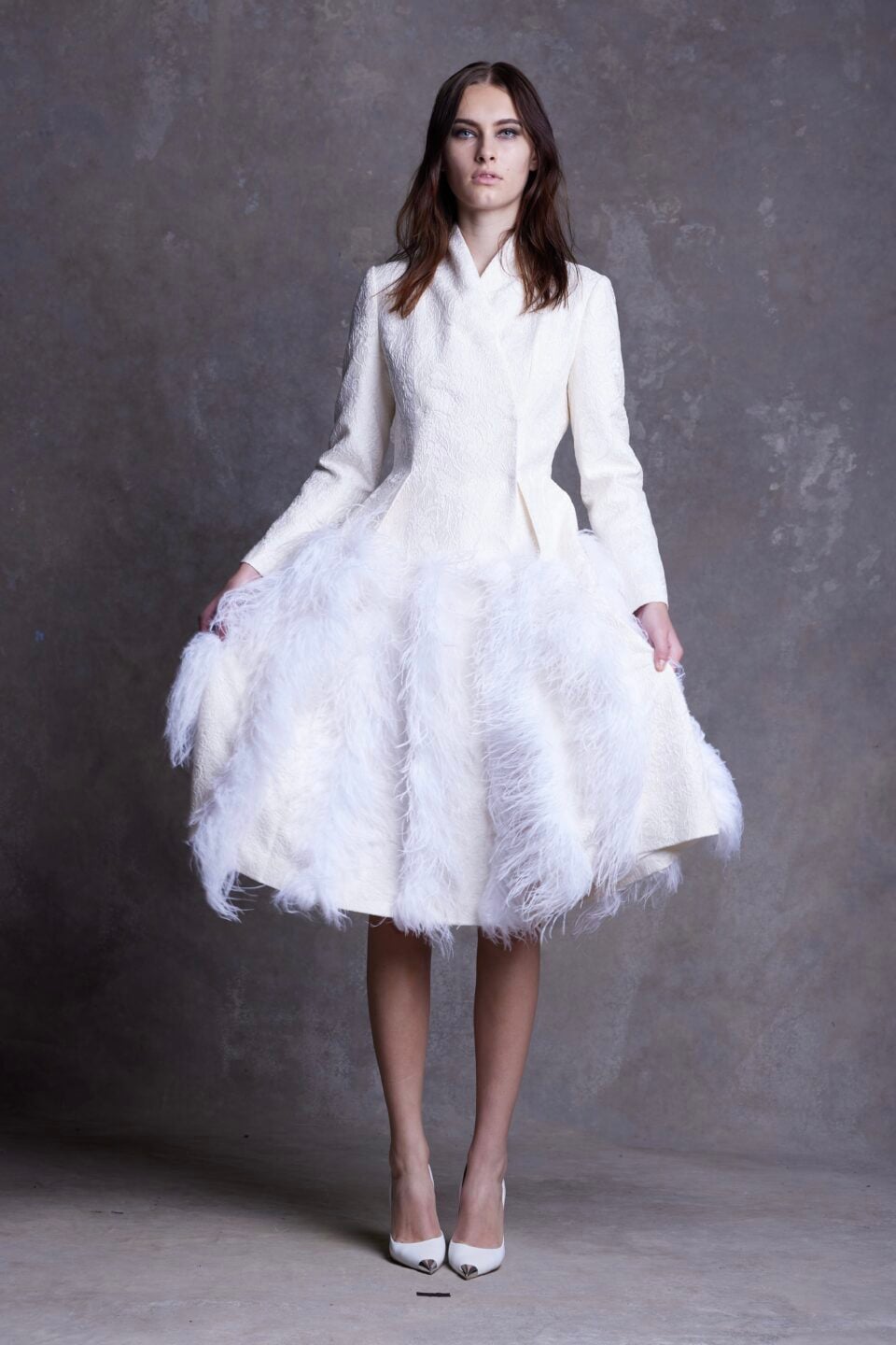IRFE White Ostrich Feathers Brocade Coat - IRFE