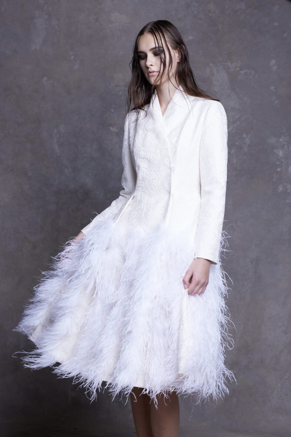 IRFE White Ostrich Feathers Brocade Coat - IRFE